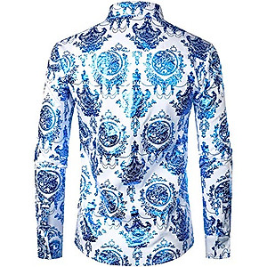 ZEROYAA Men's Luxury Shiny Design Slim Fit Long Sleeve Button up Dress Shirts ZZCL47 White Royal X Large