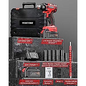 WAKYME 21V MAX Cordless Impact Wrench Kit, 1/2" Brushless Compact Wrench Power Tool Kit, TWO 4.0AH Li-ion Battery, 7Pcs Driver Impact Sockets, Fast Charger, Belt clip, Tool Box (250 Ft-lb Torque)