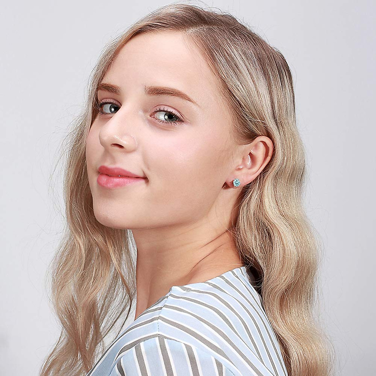 Fereendo 925 Sterling Silver Birthstone Stud Earrings Round Cut Aquamarine Cubic Zircon Birthstone Earrings Studs March Birthday Jewelry Gift for Women