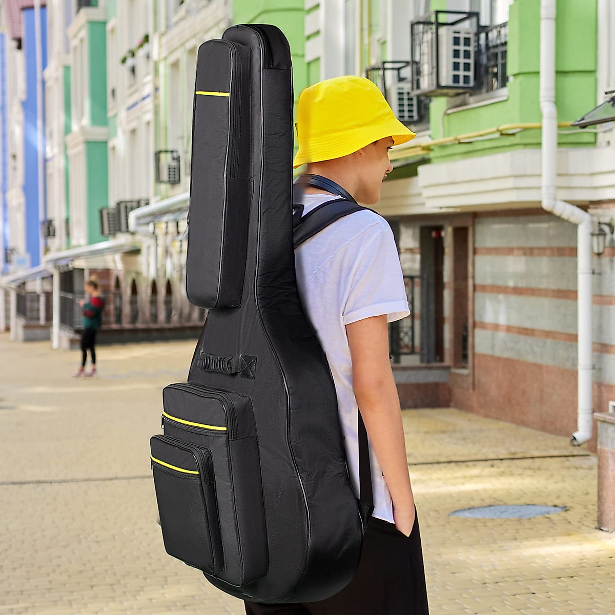 CAHAYA 44 Inch Guitar Bag Multi-pockets for Jumbo and Dreadnought Yellow Line Guitar Case 0.47in Thick Padding Water Resistent Dual Adjustable Shoulder Strap Gig Bag with Back Hanger Loop CY0284