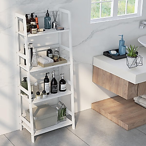 COSTWAY 4-Tier Ladder Shelf, 47.5'' Bamboo Plant Stand Rack, Freestanding Bookshelf, Multifunctional Plant Display, Storage Shelves, Flower Stand Rack Holder for Living Room Balcony, Bedroom (White)