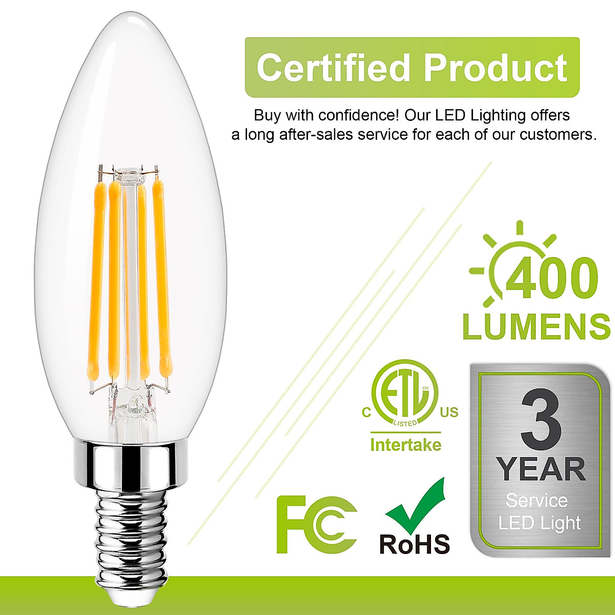 GOLSPARK Candelabra LED Bulbs Filament Dimmable Vintage Edison Light Bulb Chandelier,Warm White 3000K,40 Watt Equivalent,400 Lumen,E12 Base,6 Pack