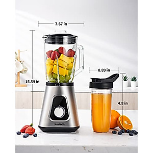 SHARDOR Countertop Blender 2.0 for Shake and Smoothies with 1200W, with 52oz Glass Jar, 3 Adjustable Speed Control + 22oz Travel Cup for Frozen Fruit Drinks, Smoothies, Sauces & More, Sliver