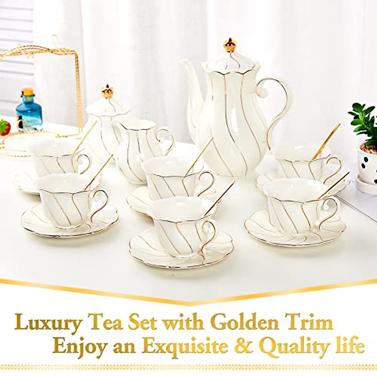 DUJUST 22 pcs White Porcelain Tea Set for 6, Luxury British Style Tea/Coffee Cup Set with Golden Trim, Beautiful Tea Set for Women, Tea Party Set, Gift Package (Including a Stand) - White