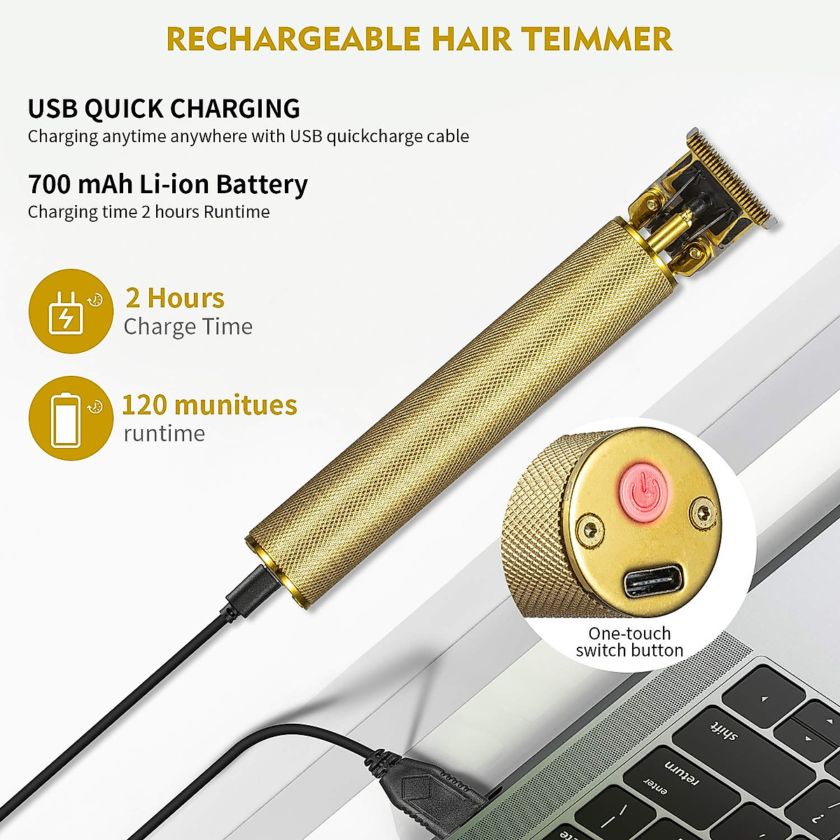 Professional Electric Pro Li Outliner, 0mm Baldheaded Hair Clippers for Men Barber Grooming Cordless Rechargeable Close Cutting T-Blade Trimmer Haircutting Beard Shaver Barber (Gold)