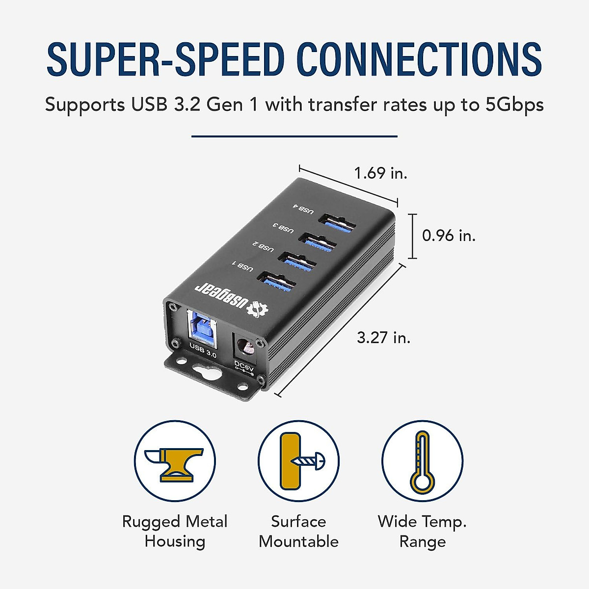 4-Port USB 3.2 Gen 1 Mountable Charging and SuperSpeed Data Hub with 5V/2A Power Adapter and USB Type-A to Type-B Cable Up to 900mA per Port Charging Function Wall and Surface Mounting