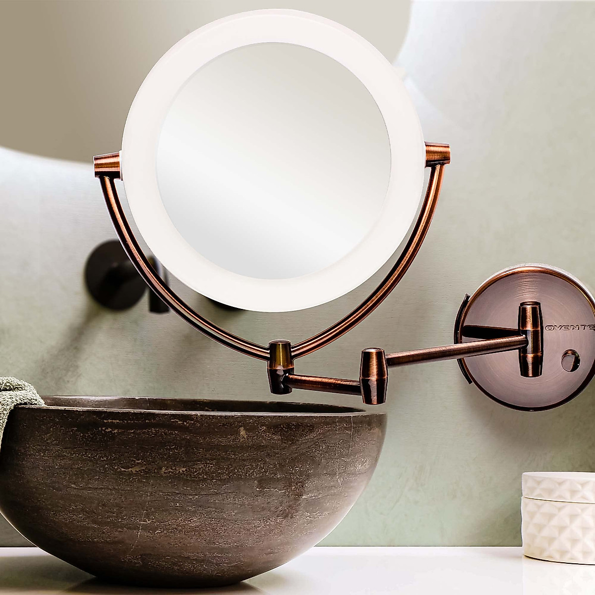 Ovente 7.5" Lighted Wall Mount Makeup Mirror, 1X & 10X Magnifier, Spinning Double Sided Round LED w/ Dimmer Switch, Extend, Retractable & Folding Arm, Battery USB Powered Antique Brass MLW75AB1X10X