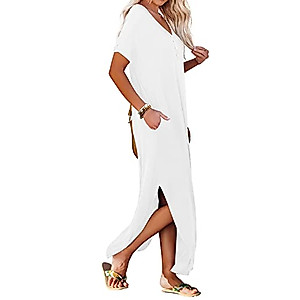 GRECERELLE Casual Summer Dresses Women Sexy Deep V Long Maxi Dress Short Sleeve Button Down Split Beach Dress with Pockets