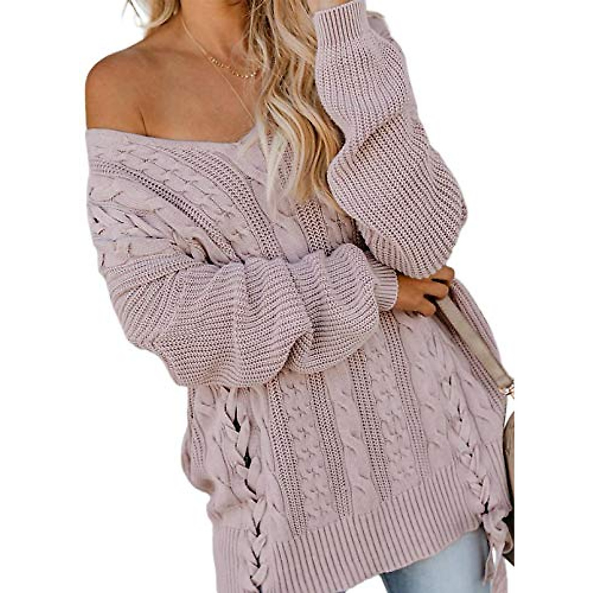 EVALESS Womens Fall Sweater 2023 Fashion Oversized Off The Shoulder Cable Knit V Neck Chunky Pullover Casual Solid Color Winter Long Sleeve Clothes Tops,Pink S