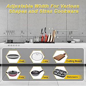 Pots and Pans Organizer Lid Organizer Dishes Bakeware Storage Rack Expandable Black Rack Holder with 10PCS Adjustable Compartment for Kitchen Cabinet Cupboard Drawer Counter