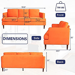 AVZEAR Upholstered Velvet 3-Seat Sofa, Apartment Sofa Sectional Sofa 3 Seater Solid Wood Legs Sofa Couches Bedroom Sofas Mid Century Modern Sofa Couch for Living Room (Orange)