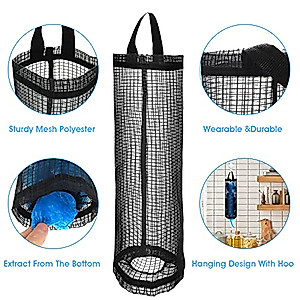 Thinp 2 Pieces Plastic Bag Holder, Hanging Grocery Bag Holder Trash Bag Holder Foldable Mesh Hanging Storage Bag Dispenser Plastic Bag Dispenser for Home Kitchen Garbage Bag Storage(Black)