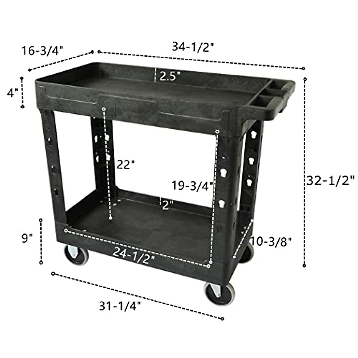 550lb Capacity Heavy Duty Plastic Utility Cart 34-1/2" L x 16-3/4" W with Handle 2 Shelves Pake Handling Tools
