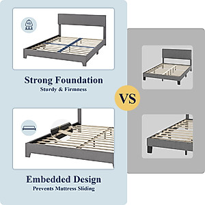 Allewie Queen Bed Frame with Upholstered Adjustable Headboard, Platform Bed with Wood Slats, Heavy Duty Mattress Foundation, No Box Spring Needed, Easy Assembly, Light Grey