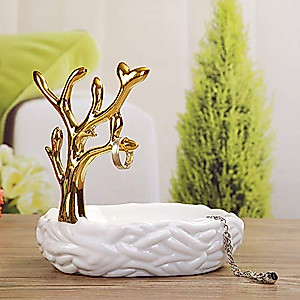 JJ Gifts Ceramic Gold Tree Twig with White Braided Birds Nest Soap Dish Jewelry Holder Organizer