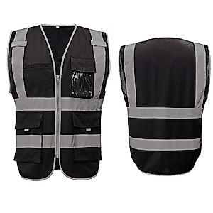 Black Safety Vest Reflective With Pocket And Zipper Construction Vest With Reflective Stripes Hi Vis Workwear(Black, M)