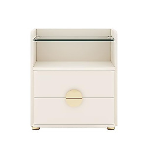 2-Drawer Nightstands Set of 2, Modern Night Stand with Open Tempered Glasses Storage Space, Wooden Bed Side Table for Bedroom, Side End Table for Living Room, Easy Assembly