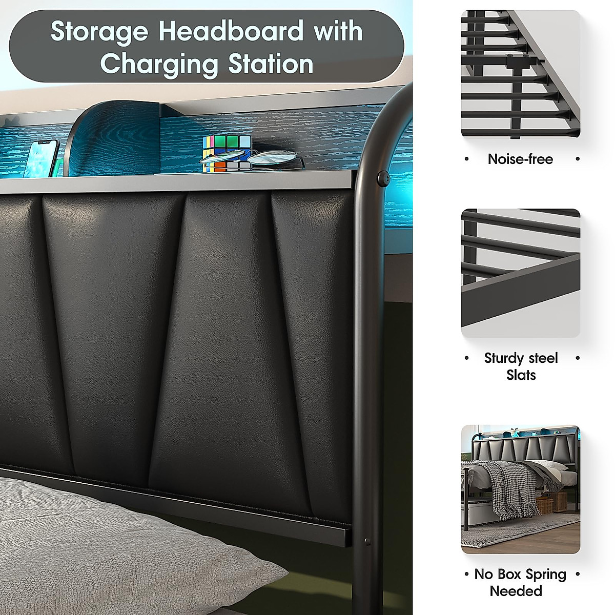 Halitaa Black Queen Bed Frame with Led Lights and Charing Station,Upholstered Headboard with Storage Shelves,Farmhouse Platform Bed,No Box Spring Needed