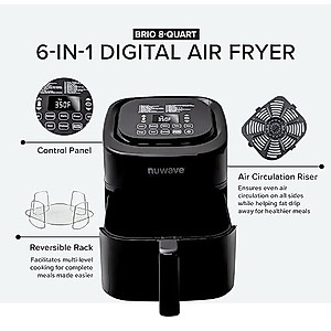 Nuwave Brio 8-Qt Air Fryer, Powerful 1800W, Easy-to-Read Cool White Display, 50°-400°F Temp Controls, 100 Presets & 50 Memory, 3 Wattages 700, 1500, 1800, Linear T Technology, Built-In Safety Features