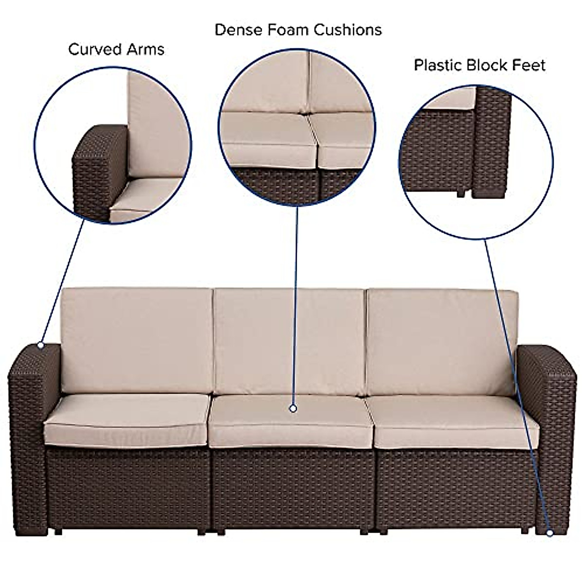 Flash Furniture Chocolate Brown Faux Rattan Sofa with All-Weather Beige Cushions