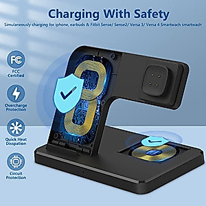 OenFoto 3 in 1 Charging Station Compatible with Fitbit Versa3/ Versa4/Sense/ Sense2– Charging Cable Dock for Versa 3 Smartwatch with Samsung Galaxy S22 Ultra S21 Note 20, AirPods Pro, Galaxy Buds Pro