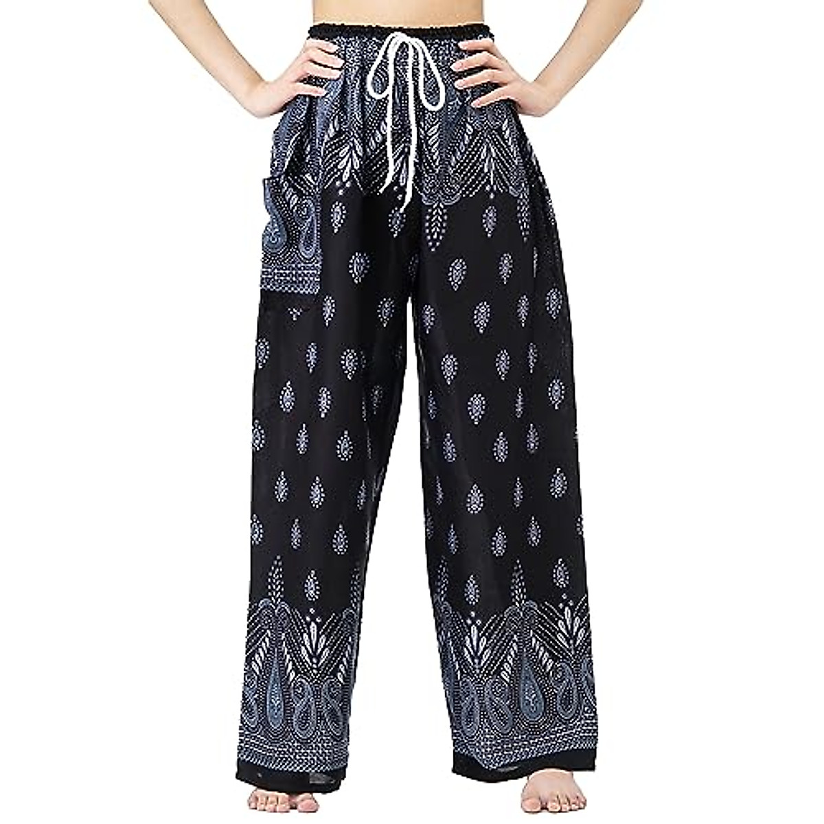 B BANGKOK PANTS Harem Pants Women Hippie Clothes Boho Print Drawstring (as1, Alpha, one_Size, Regular, Regular, Bohemian Black, Relaxed)