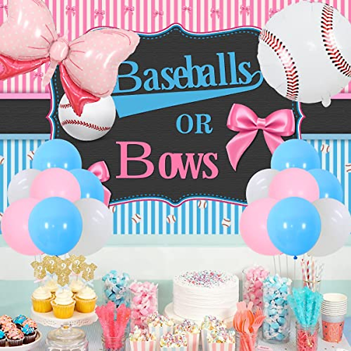 Gender Reveal Party Decorations Baseball Gender Reveal Party Decorations with Baseballs or Bows Backdrop Latex Balloons for Boys and Girls Baby Shower Pregnancy Gender Reveal