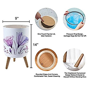 Round Trash Can with Press Lid Floral artwork purple Watercolor Hand painted bouquet transparent Small Garbage Can Trash Bin Dog-proof Trash Can Wooden Legs Waste Bin Wastebasket 7L/1.8 Gallon