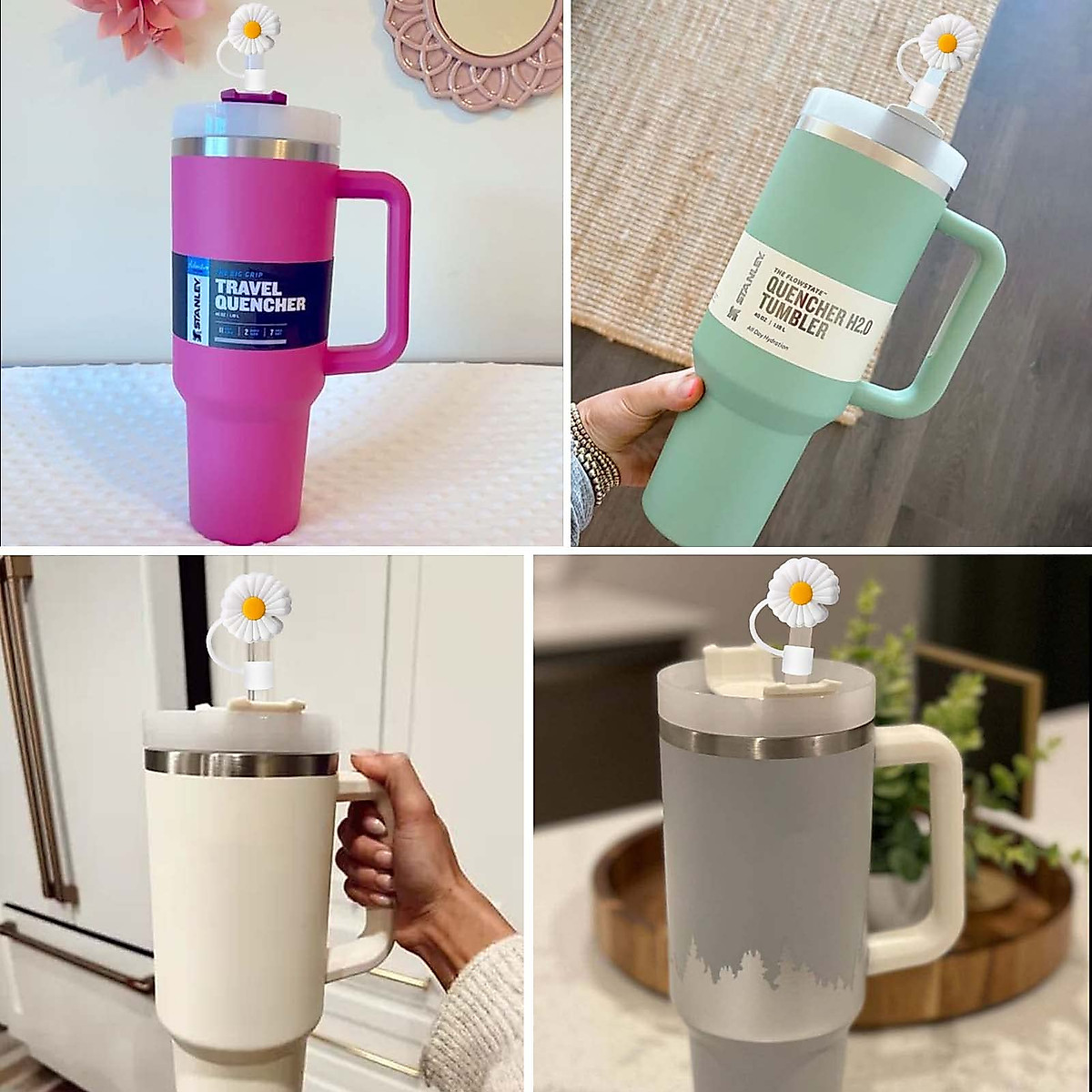 AIERSA Flower Straw Cover Cap for Stanley Cup,4Pcs Silicone Straw Topper Compatible with Stanley 30&40 Oz Tumbler with Handle,Straw Tip Covers for Stanley Cups Accessories