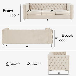 Morden Fort Couches for Living Room, 85“Beige Morden Sofa with Button Tufted, Nailhead Trim, 3-Seater Velvet Sofa for Apartroom, Bedroom, Office