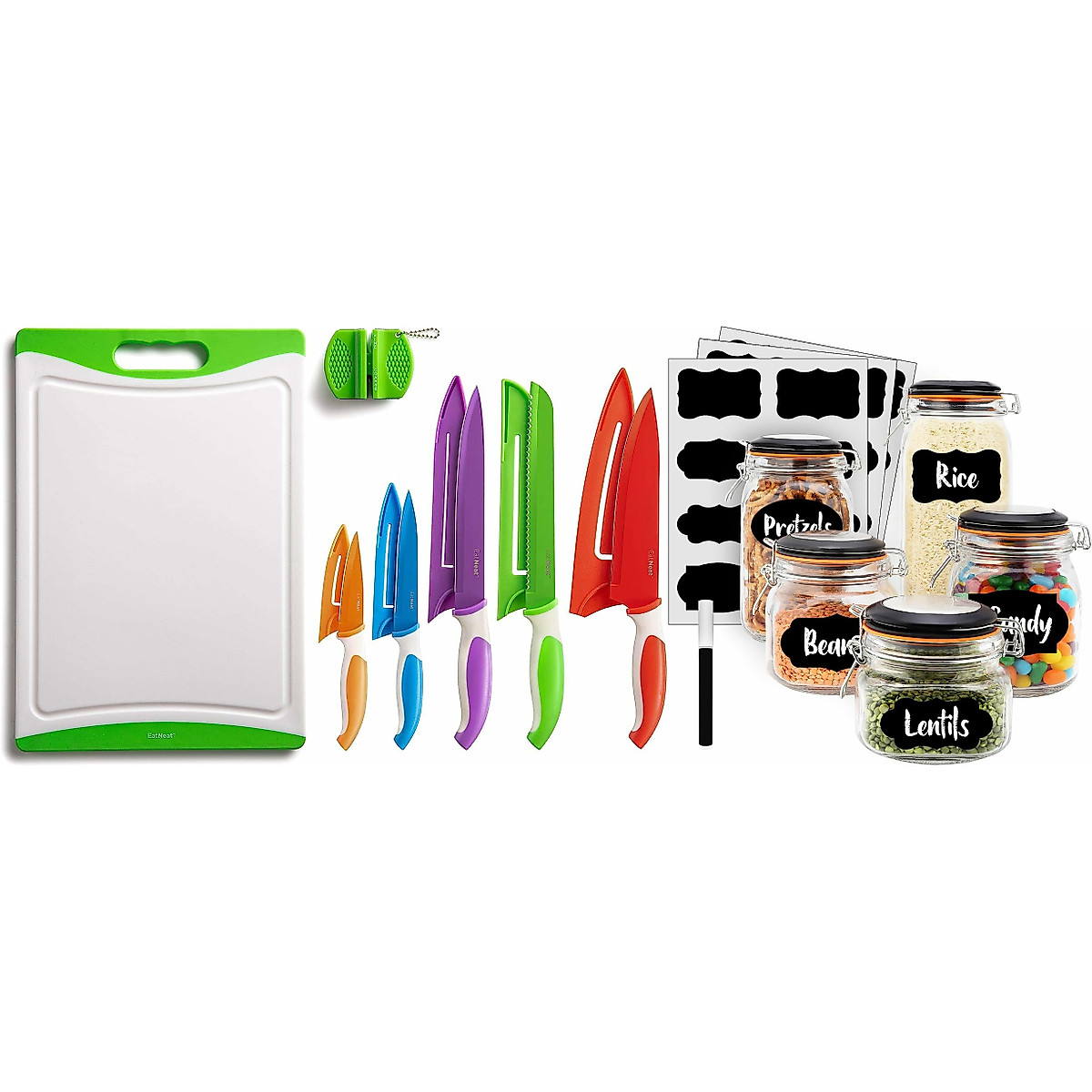 EatNeat 12 Pc Colorful Kitchen Knife Set 5 Piece Airtight Glass Kitchen Canisters with Black Lids - Includes Premium Black Labels and White Marker