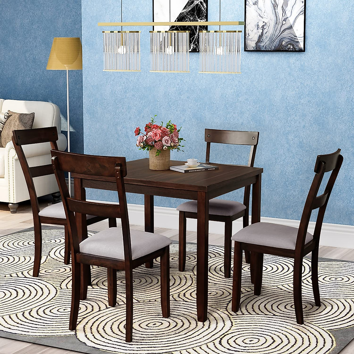 LAVHOME 5-Piece Set Industrial Wooden Kitchen Table and 4 Chairs for Dining Room (Espresso)