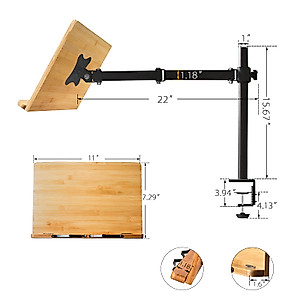wishacc Book Stand with Clamp, Aluminum Alloy and Bamboo Material Build, Table Side Design, Height Adjustable, Desktop Reading Mount Holder with Sturdy Page Clips (11 x 8.1 Inches)