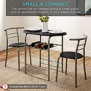 Best Choice Products 3-Piece Wooden Round Table & Chair Set for Kitchen, Dining Room, Compact Space w/Steel Frame, Built-in Wine Rack - Black