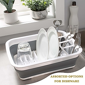 Kitchen Details Collapsible Dish Drying Rack | Space Saver | Aerated Bases Drain Holes | Plates, Bowls, Utensils Compartments | Countertop and Sink Storage | White/Grey