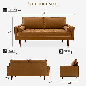 SILKIR Velvet Furniture for Small Spaces, Mid-Century Modern Loveseats for Living Room, Love Seat Couch Sofas, 70 Inches, Ginger
