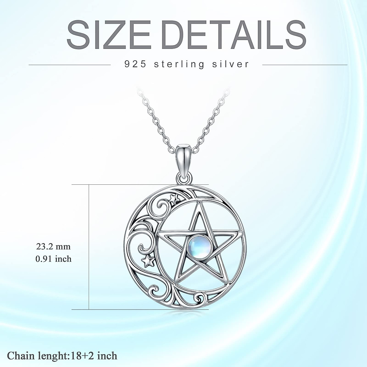 URONE Pentagram Crescent Moon Necklace Sterling Silver Pentacle Moonstone Pendant Wicca Jewelry for Women