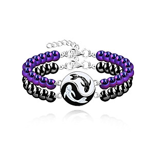 Yin Yang Fish Bracelets Set for Couples - His and Hers Round Black Purple Hematite Beads Bracelets,Matching Puzzle YinYang Fish Bracelets for Boyfriend Girlfriend Best Friends Y2100