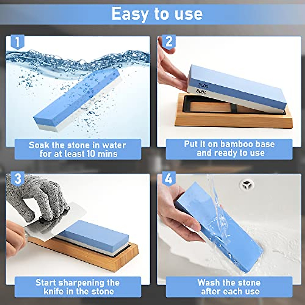 Greenual Knife Sharpening Stone Set Premium 4 Side Grit 400/1000 3000/8000 Whetstone Knife Sharpener Wet Stones Chisel Sharpening Kit Stones Leather Strop Honing Guide for Sharpeners Knives