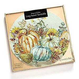 CounterArt Harvest Pumpkins & Sunflowers 4mm Heat Tolerant Tempered Glass Lazy Susan Turntable 13" Diameter Cake Plate Condiment Caddy Pizza Server