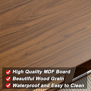 Ganooly Mid Century Modern Coffee Table with Storage, 43.3 Inch Rectangle Wooden Accent Center Table with Sliding PE Rattan Woven Door Panel and Solid Wood Legs, Suitable for Living Room, Apartment