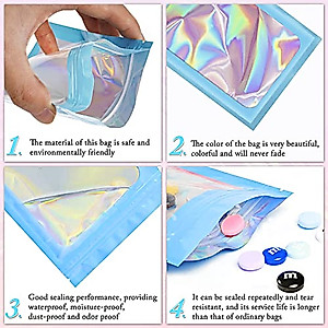 100 Pack Holographic Bags,Smell Proof Packaging Bags, Clear Window Resealable Odor Foil Pouch Mylar Bags for Food Storage and Lipgloss, Jewelry Lash (Blue, 2.4 x 3.9 Inch)