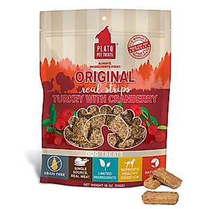 PLATO Turkey Real Strips Natural Dog Treats - Real Meat - Air Dried - Made in the USA - Turkey & Cranberry, 18 ounces