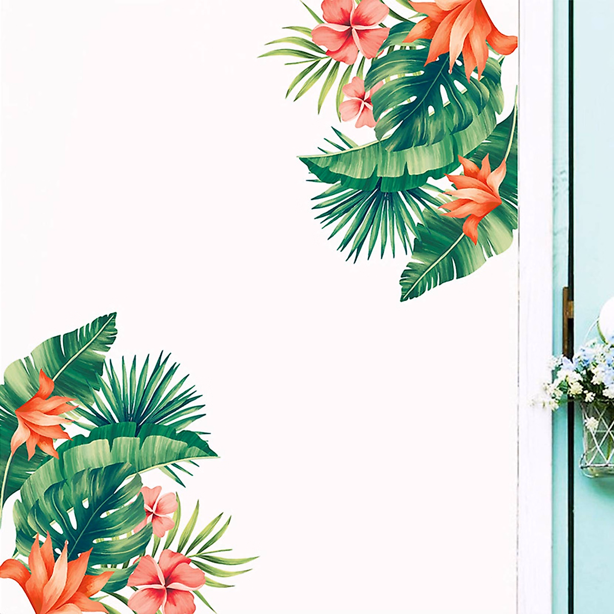 MOLANCIA Tropical Hibiscus Flower Wall Decals,Nature Palm Tree Leaf Plants Wall Sticker Art Murals,Removable Green Tropical Plants Tree Leaves Stickers for Living Room Kids Nursery Room Wall Art Decor