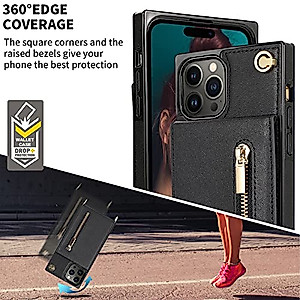 HOGGU Crossbody iPhone 14 Pro Max Case Wallet with Card Holder, Flip Leather iPhone 14 Pro Max Crossbody Case with Strap, Kickstand, Zipper Purse, Protective Square Phone Case for Women Girls-Black