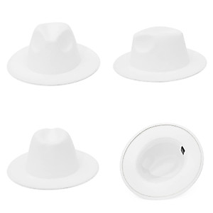 GEMVIE Mens Womens Wool Fedora Panama Hats Wide Flat Brim Trilby Felt Hat Party Gentleman Hat White L=US 7 1/2