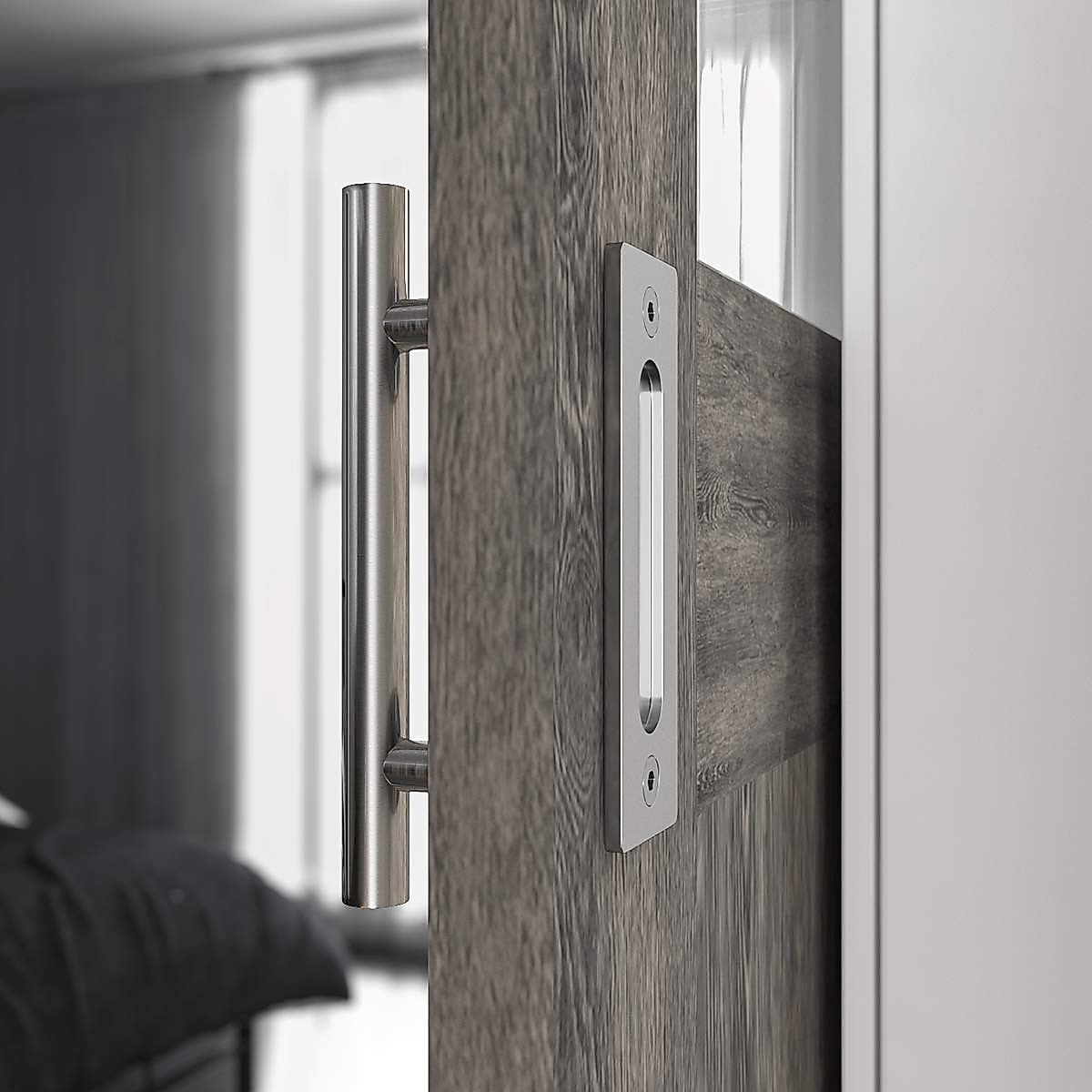 SMARTSTANDARD 6 Feet Top Mount Sliding Hardware Kit with 12'' Pull and Flush Handle Set and Adjustable U Shape Barn Door Floor Guide