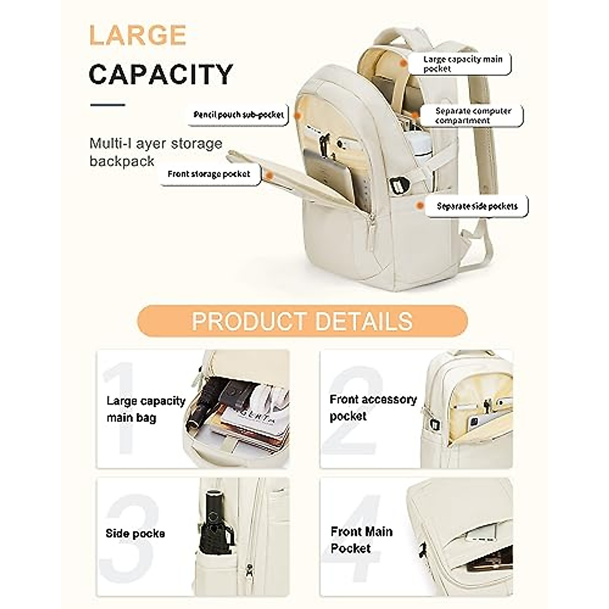 Travel Laptop Carry on Backpack for Women Men, Airline Flight Approved Waterproof 14 Inch Laptop Backpack, Casual Daypack College Personal item Bag Rucksack with USB Charging Port for Business, Beige