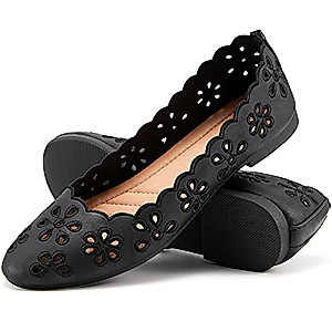Women's Ballet Flats Black PU Leather Dress Shoes Comfortable Round Toe Slip on Flats with Floral Eyelets(Black.US8.5)