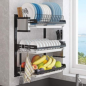 FEHUN Sinks,Stainless Steel Kitchen 3-Layer Wall-Mounted Drain Rack,with Drip Tray/Hanging Chopstick Rest